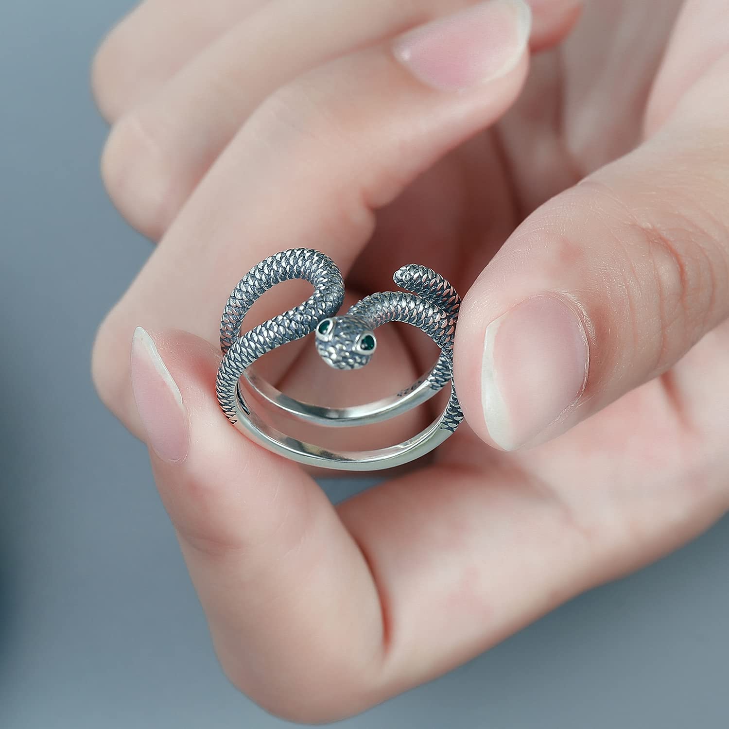 IPEPPY 925 Sterling Silver Snake Ring, Stacking Rings for Men Women Retro Opening Adjustable Ring Jewelry (B-Snake Ring)