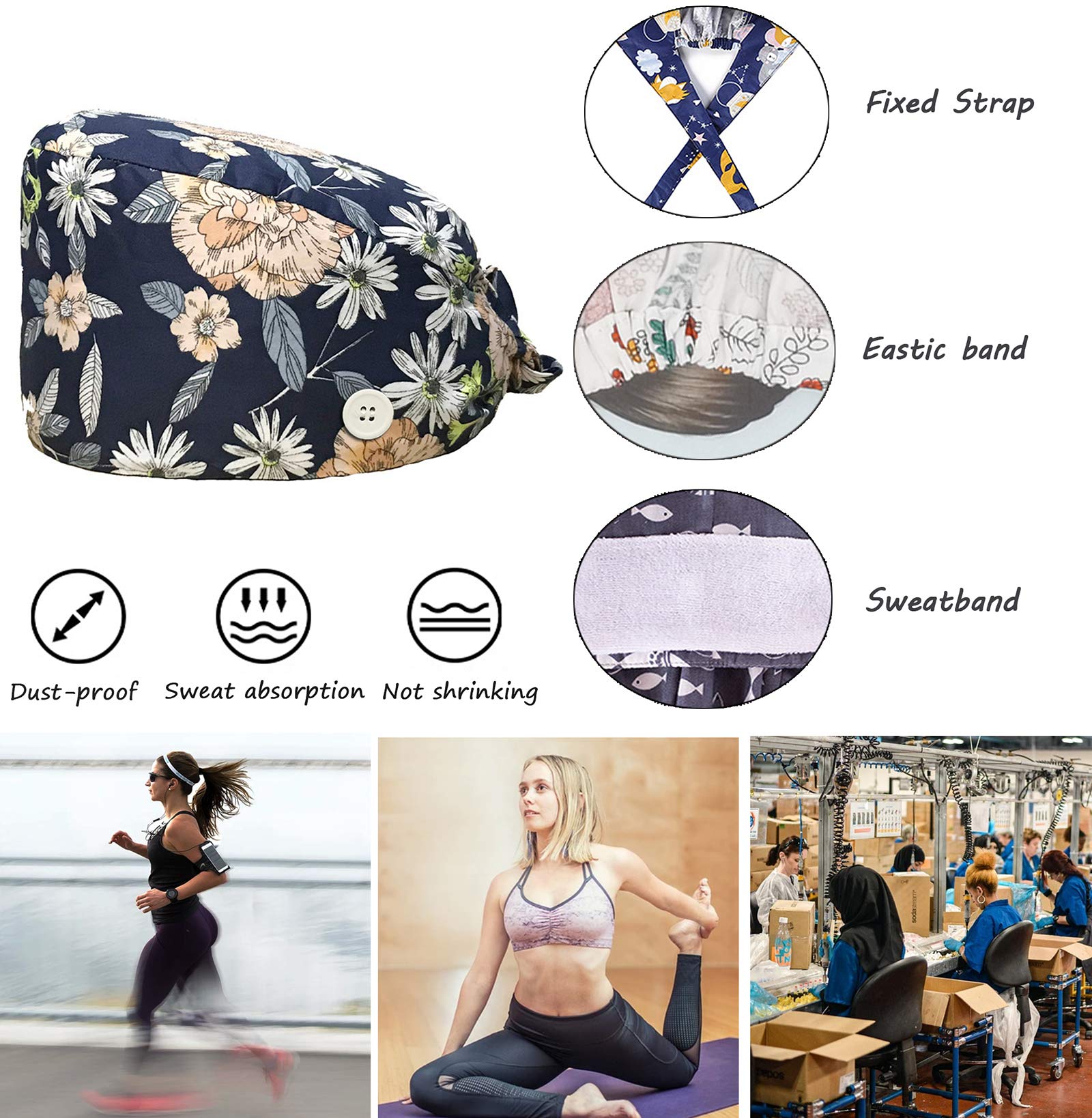 Jewdreamer 2 Pcs Cute Printed Working Cap with Button for Women/Men Upgrade Sweatband Adjustable Tie Back Bouffant Hats
