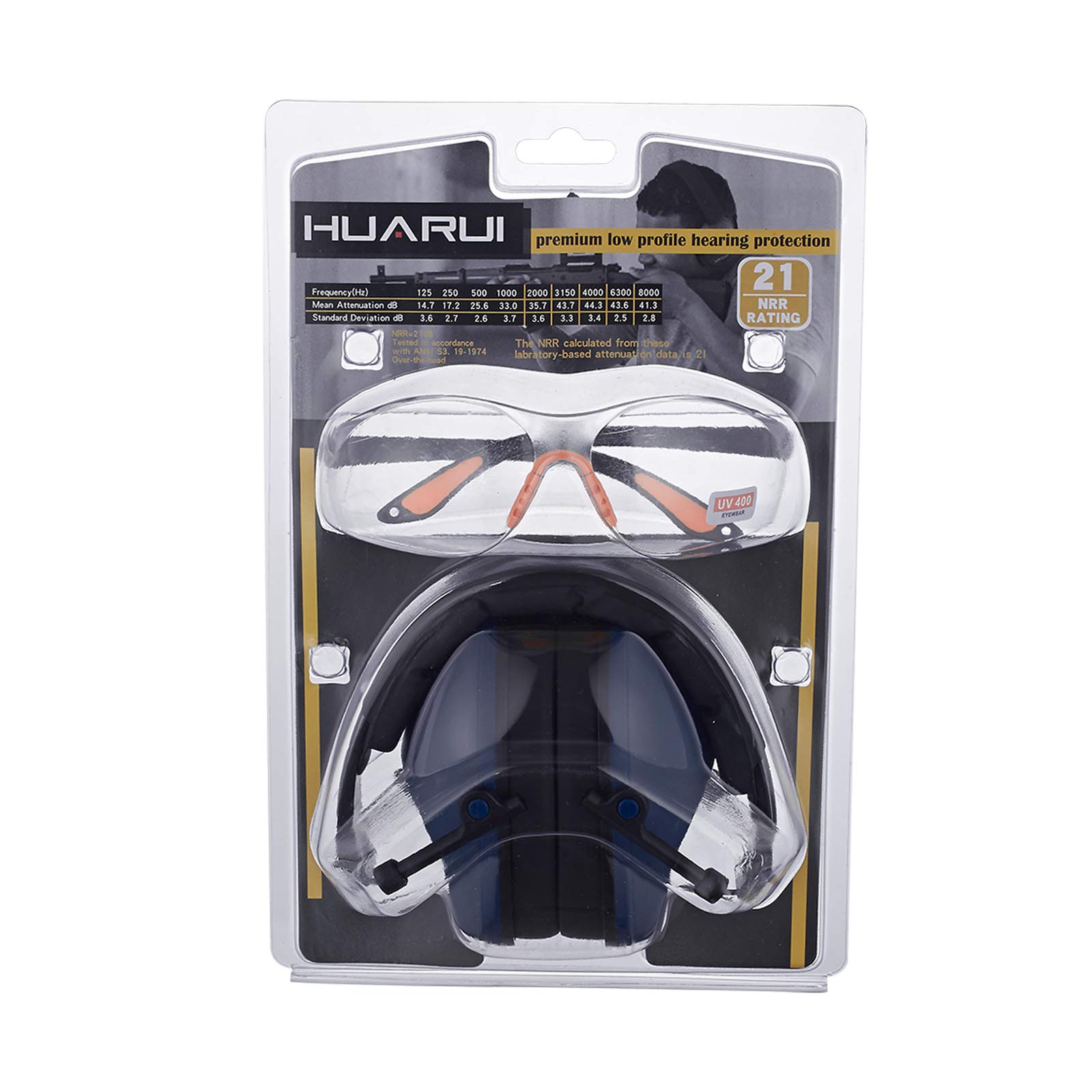 HUARUI Gun Range Shooting Ear Protection Earmuffs for Shooting Ear & Eye Protection Safety Glasses Hearing Protective Combo (Black)