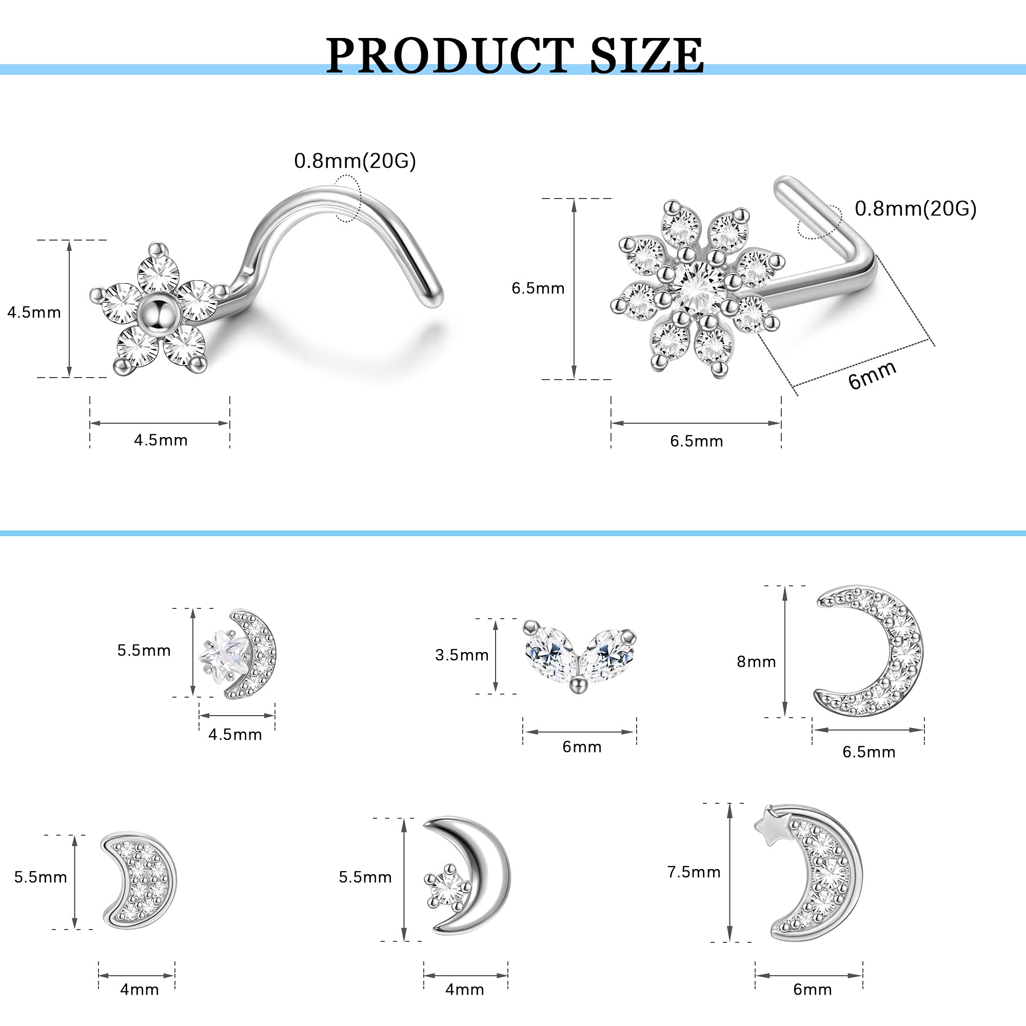 IRONBOX 8Pcs 20G Stainless Steel Nose Rings Stud Moon Star L Shaped Nose Rings Snowflake Nose Stud Screw Nose Rings Flower Nose Stud For Women Men