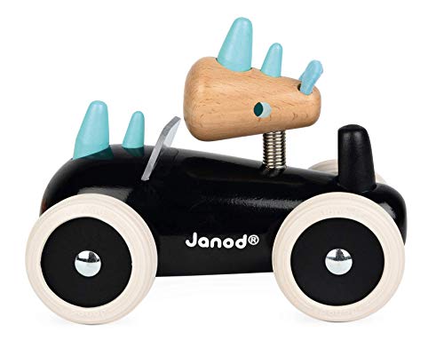 Janod Spirit Wood Car Push Toy - Rony Rhino - Ages 18 Months+ - J04492