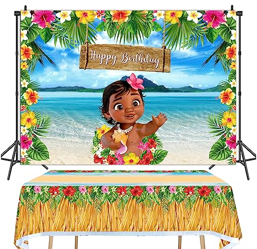 Summer Beach Baby Moana Backdrop and Tablecloth 86x52 inch Maui Palm Leaves Flowers Cake Table Decoration Girls Princess Moana Birthday Photo Background Baby Shower Party Supplies (7x5ft)