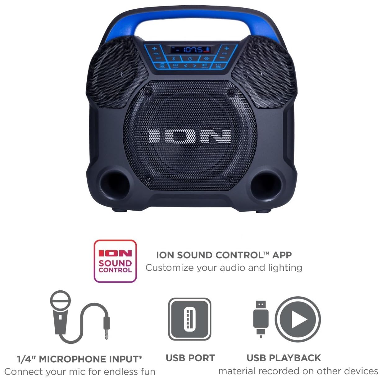Ion Explorer Express Outdoor Party Speaker with Rechargeable Battery, Bluetooth and Radio for Birthday, Pool Party, BBQ β Premium Wide Sound, Three Speakers, USB Charging & App (Renewed)