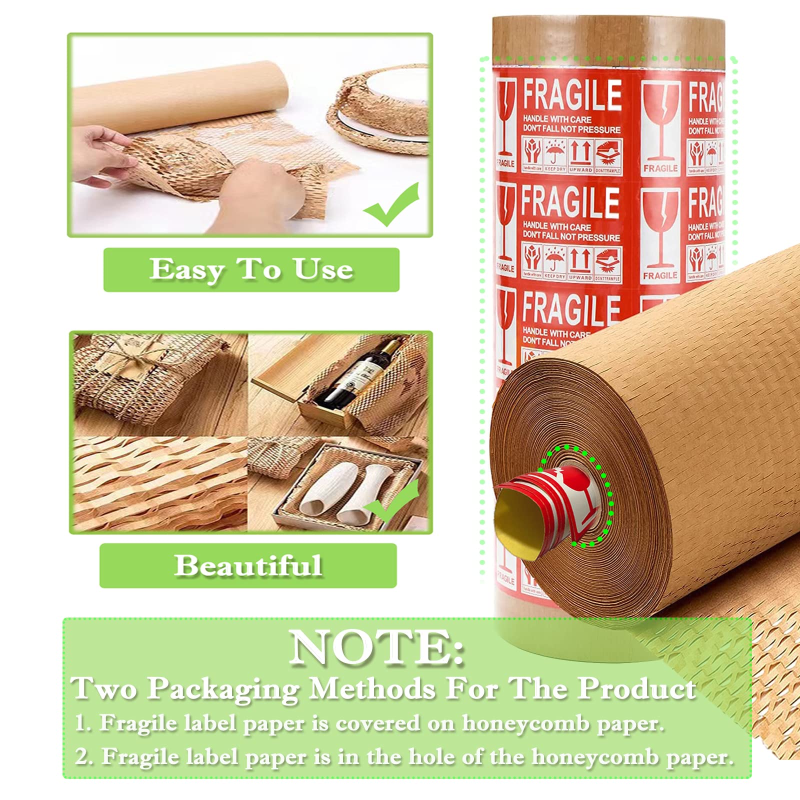 Honeycomb Packing Paper,Honeycomb Cushioning Wrap Roll for Moving Breakables or Shipping,Recyclable Honeycomb Bubble Paper Roll ,Eco Friendly Kraft Paper Packaging Roll with 20 Fragile Labels