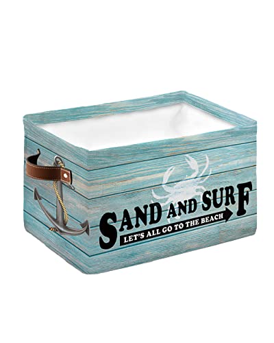 Summer Beach Crab Storage Basket Waterproof Cube Storage Bin Organizer with Handles, Anchor Nautical Sand and Surf Teal Wooden Collapsible Storage Cubes Bins for Clothes Books Toys 15"x11"x9.5"