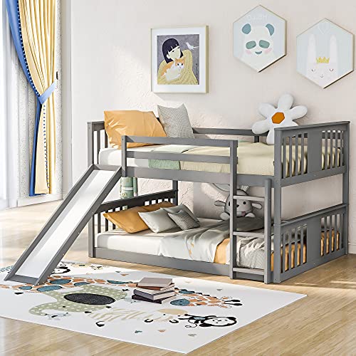 HBRR Full Over Full Bunk Beds with Slide for Kids, Low Profile Bunk Beds with Built-in Ladder, Space-Saving/No Box Spring Needed/Easy Assembly/Grey