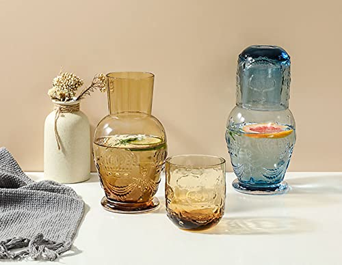 RockTrend Retro Crown Relief Clear Glass Bedside Night Water Carafe with Tumbler Glass, Pitcher And Cup Night Set