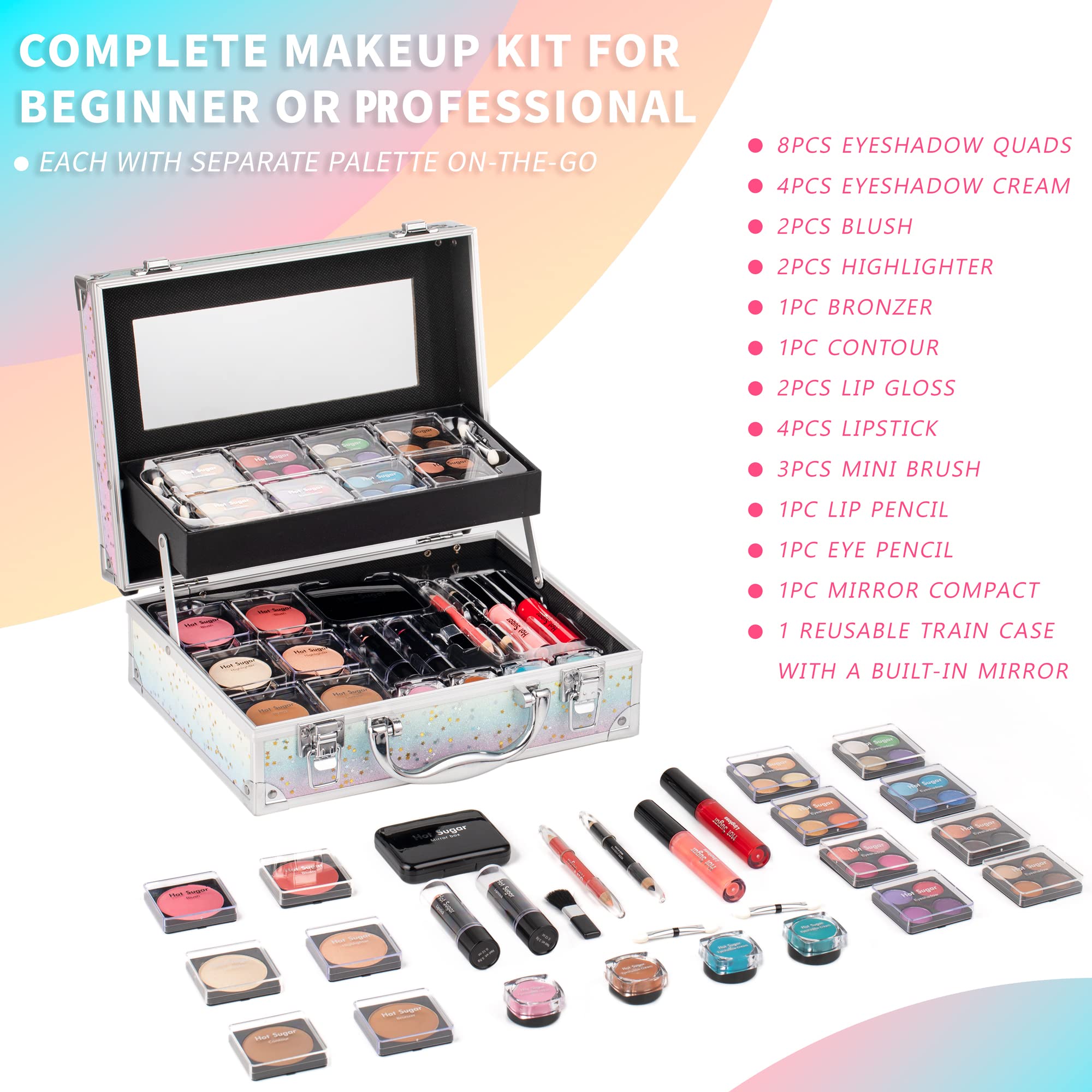 Hot Sugar Makeup Kit for Women Full Kit Teen Girls Starter Cosmetic Gift Set with Beautiful Rainbow Train Case Includes Pigmented Eyeshadow Palette Blush Lipstick Lip Pencil Eye Pencil (Rainbow)