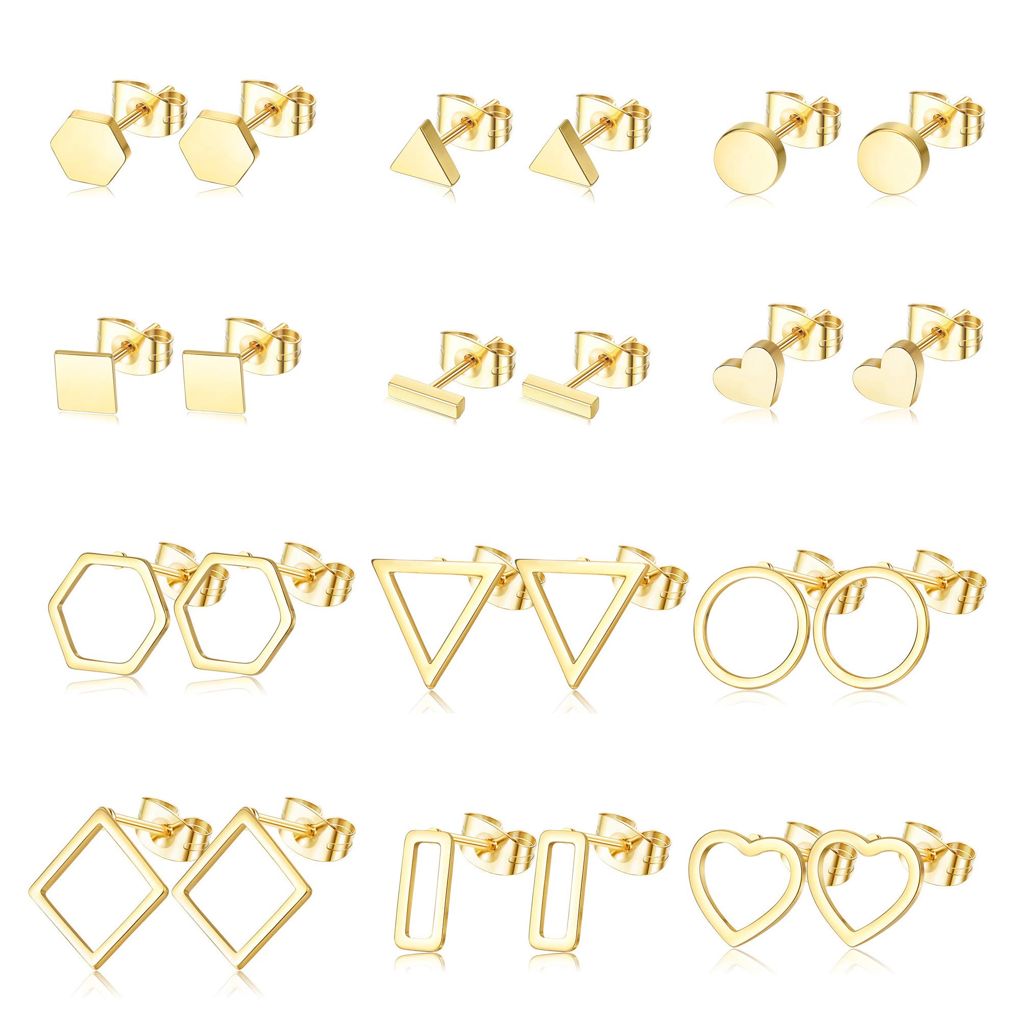 JOERICA Gold Tone Geometric Minimalist Stud Earrings for Women Simple Rhombus Hexagon Triangle Bar Heart Circle Earrings Set