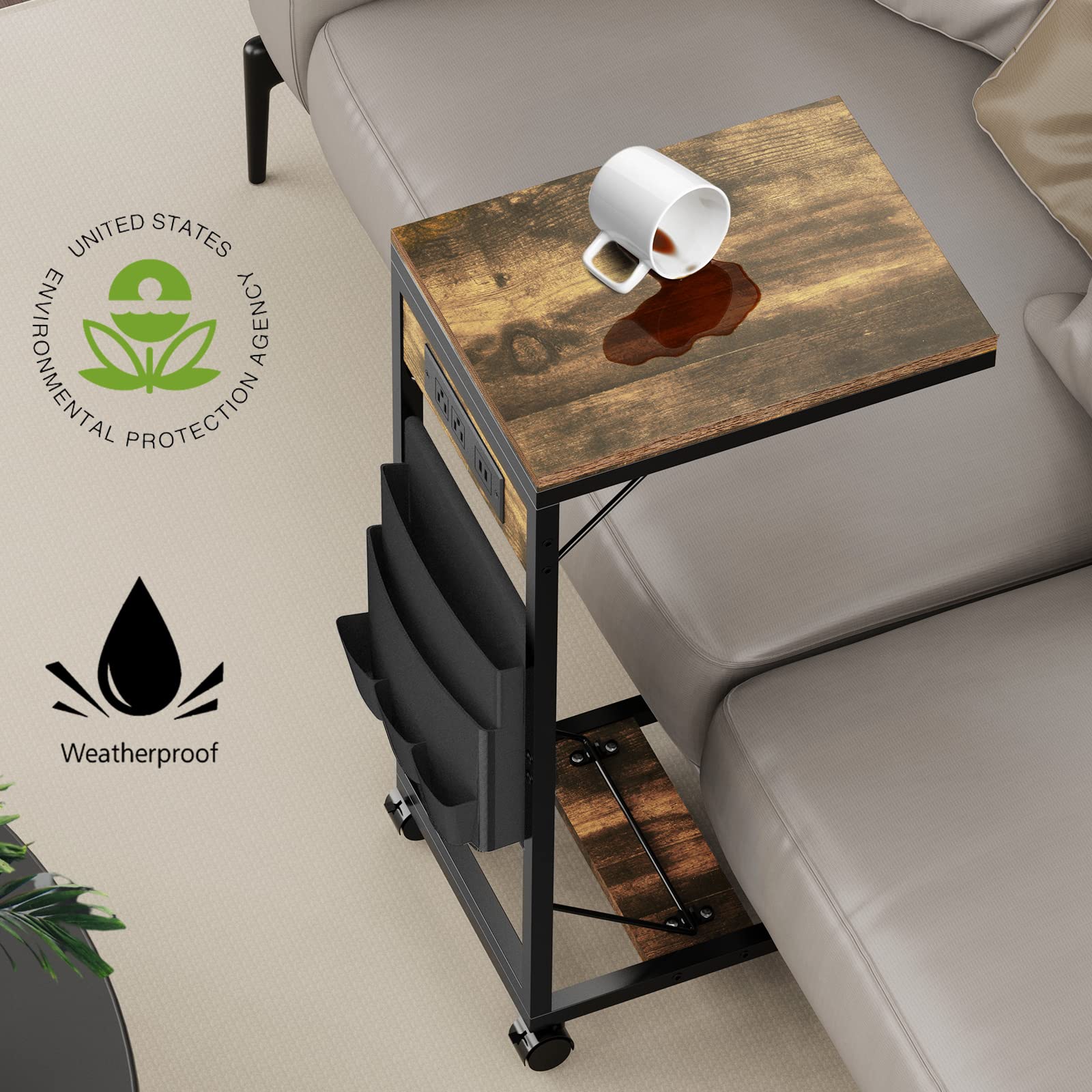 Himix Pre Assembled C Table End Table, Foldable Side Table with Charging Station, Storage Bag, Wheels, Waterproof Rolling TV Tray Table for Bedside, Small Spaces, Couch, Bedroom