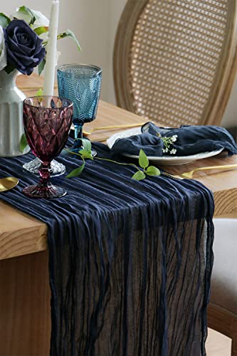 Uwilowe 5 PCS 13Ft Navy Blue Table Runner, Boho Gauze Cheese Cloth Table Runner Rustic Sheer Runner 160inch Long for Wedding Bridal Baby Shower Birthday Party Cake Table Decorations