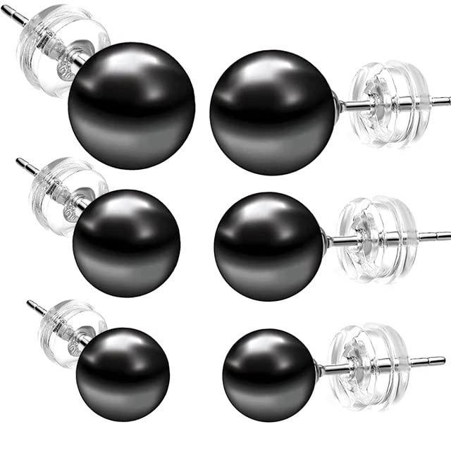 IRUMENG Black Stud Earrings 4/6/8mm Hematite Ball Studs Earrings 3 Pairs Set In Sterling Silver
