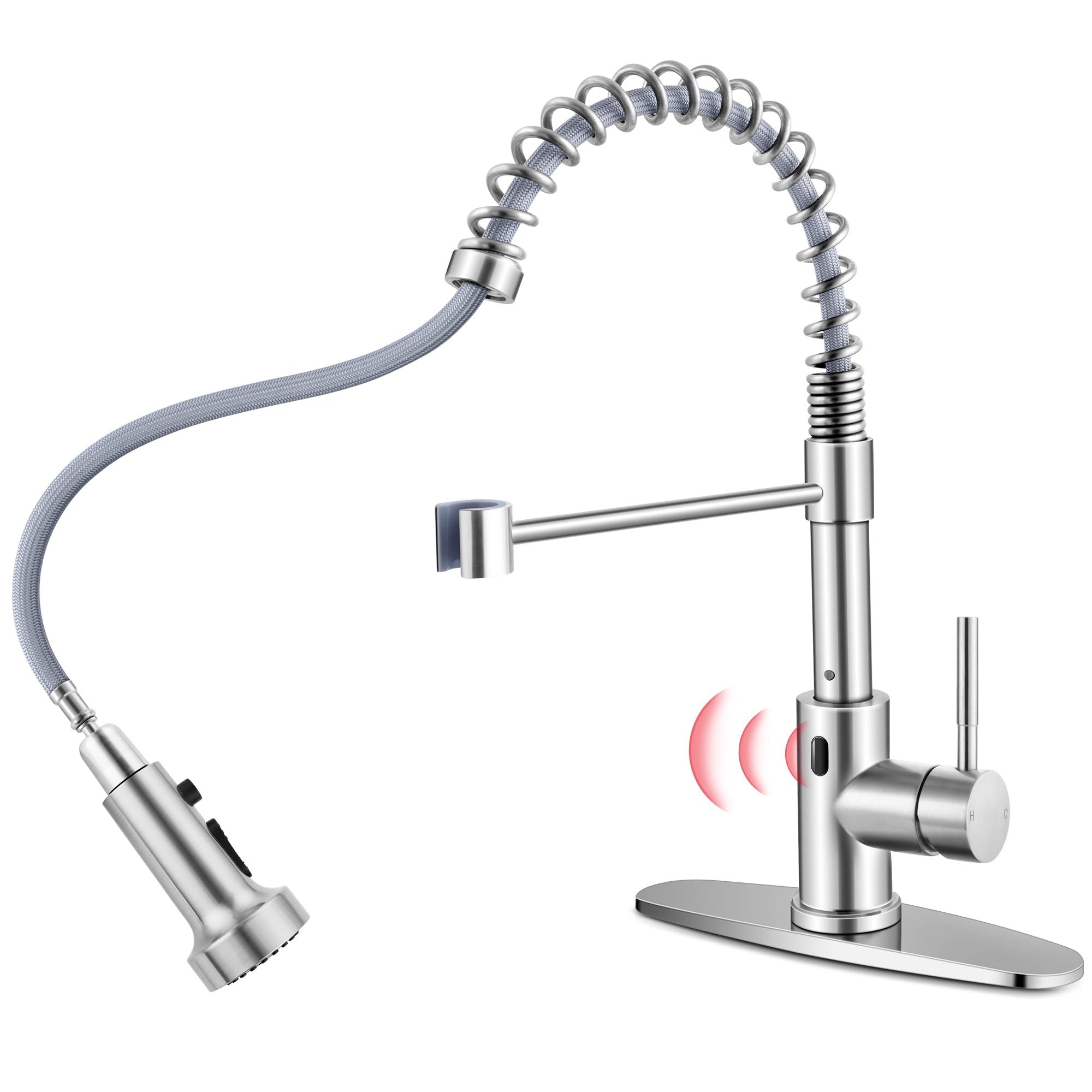 Homikit Touchless Kitchen Sink Faucet with Pull Down Sprayer, Automatic Motion Sensor Smart Faucet, Brushed Nickel Single Handle Spring Kitchen Faucets for Vanity Farmhouse RV, Stainless Steel