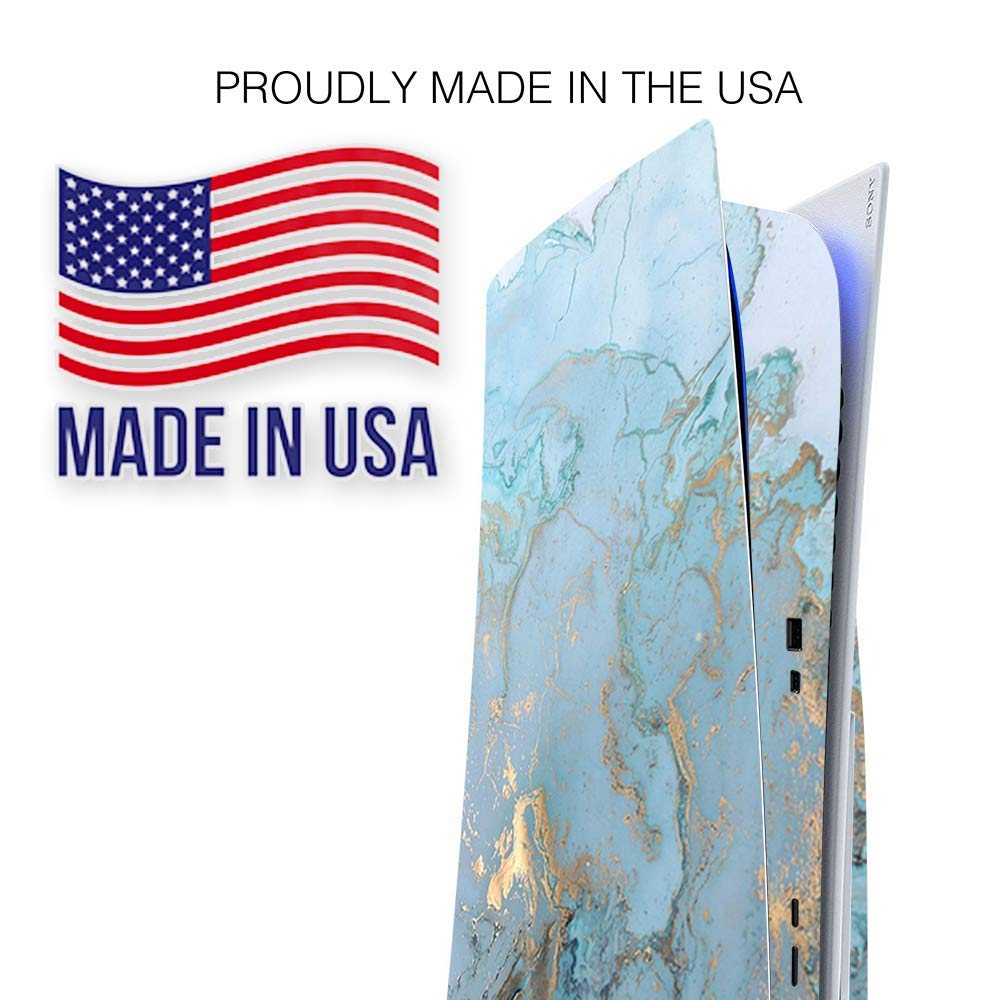 ITS A Skin Skins Compatible with Sony Playstation 5 Console Disc Edition - Protective Decal Overlay Stickers wrap Cover - Teal Blue Gold White Marble Granite
