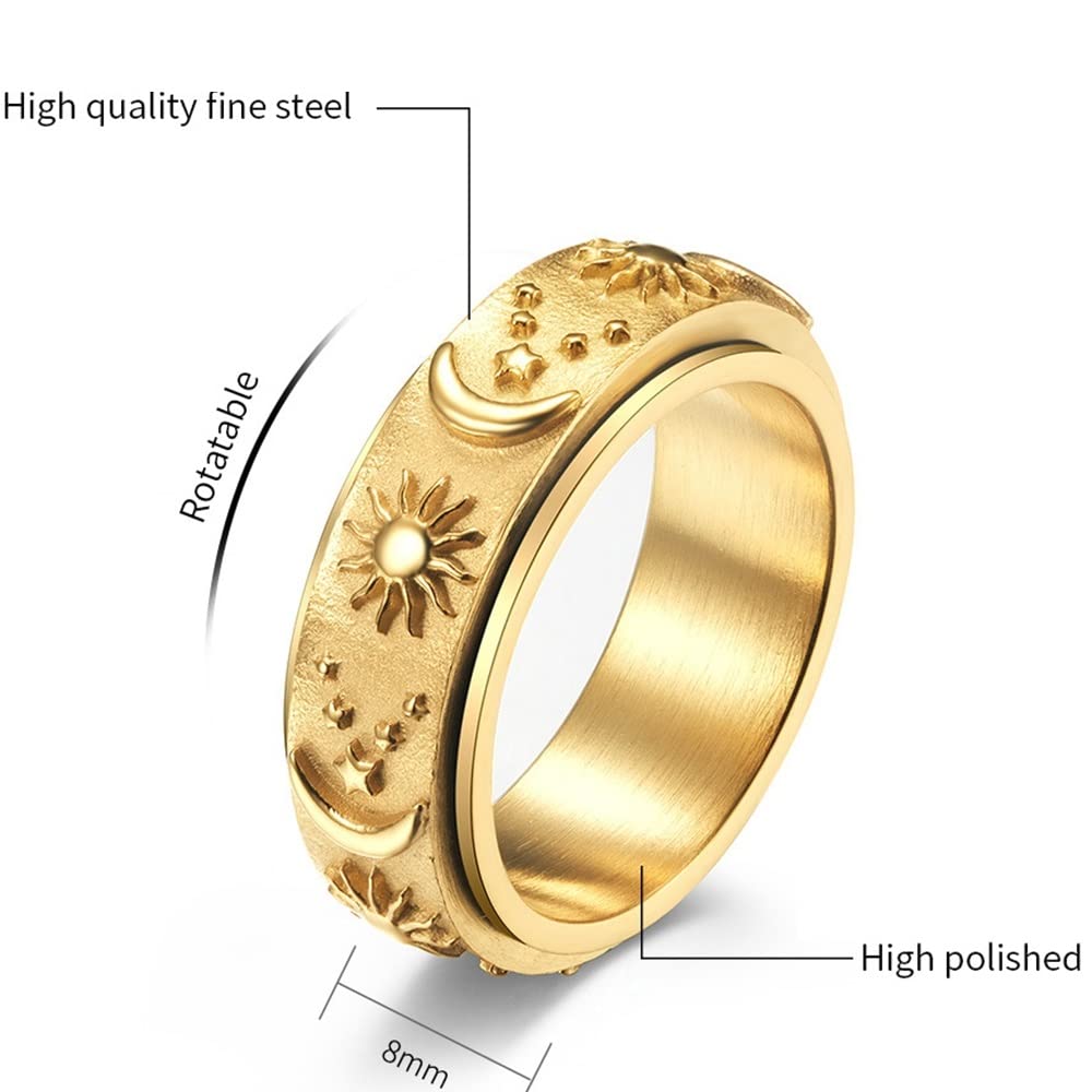 Jude Jewelers Stainless Steel Sun Moon Star Rotating Spinning Band Style Anxiety Relief Ring (Gold, 8)
