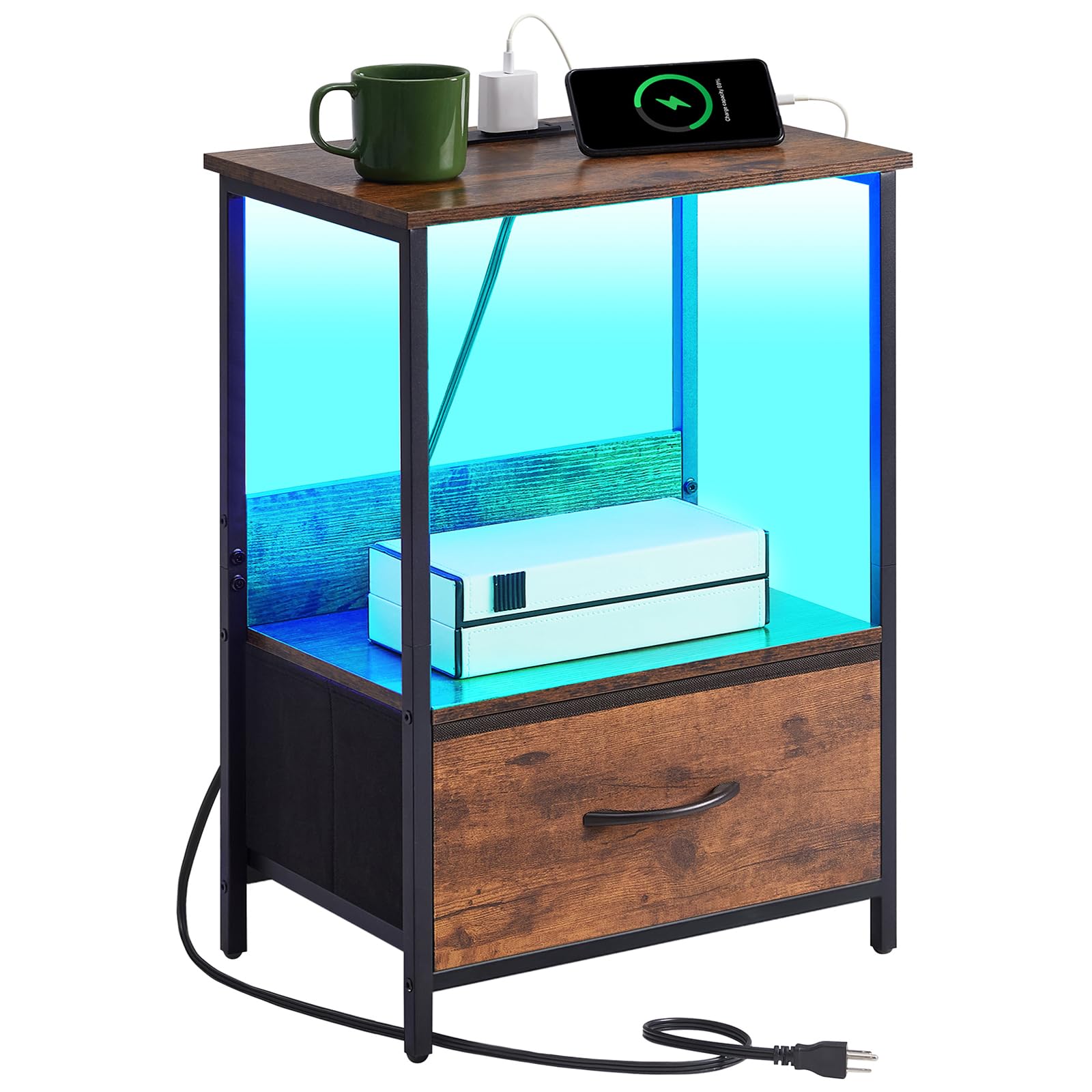 Somdot Night Stand with Charging Station and LED Light for Bedroom, Bedside Table End Table for Dorm Bedside Laundry Closet Entryway Hallway, Wood Grain Print