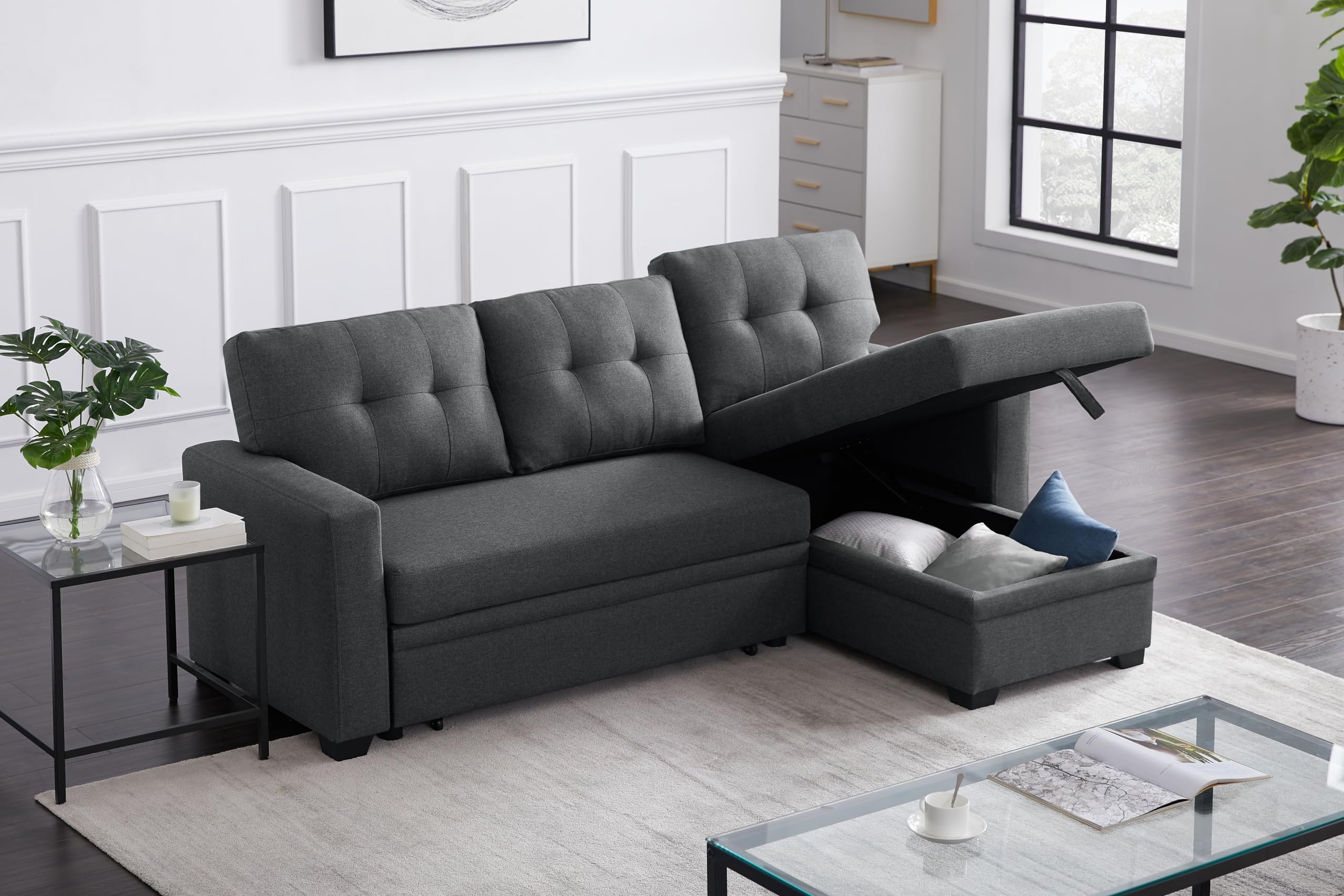 TABBC Sectional Sofa with Tufted Seat & Back Cushion,Solid Wood Frame Dsign, Linen Reversible Sleeper w/Storage Chaise and Pull-Out Sleeper for Home, Small Space Apartment