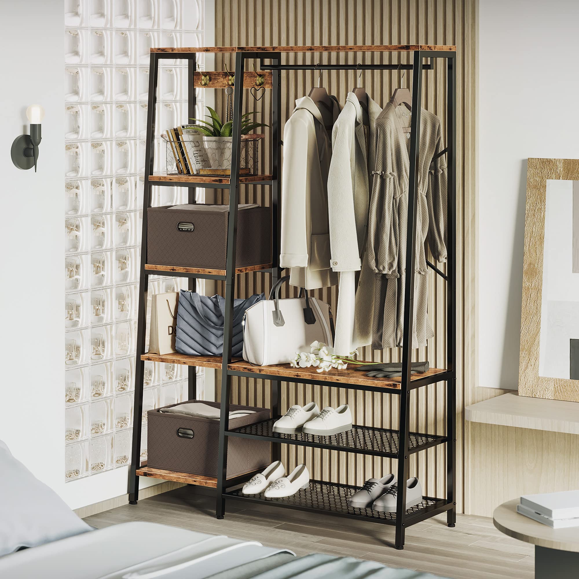 IRONCK Hall Tree with 3 Hooks, Coat Rack Free Standing, Industrial Entryway Organizer with Storage Bench, 5-in-1 Large Size