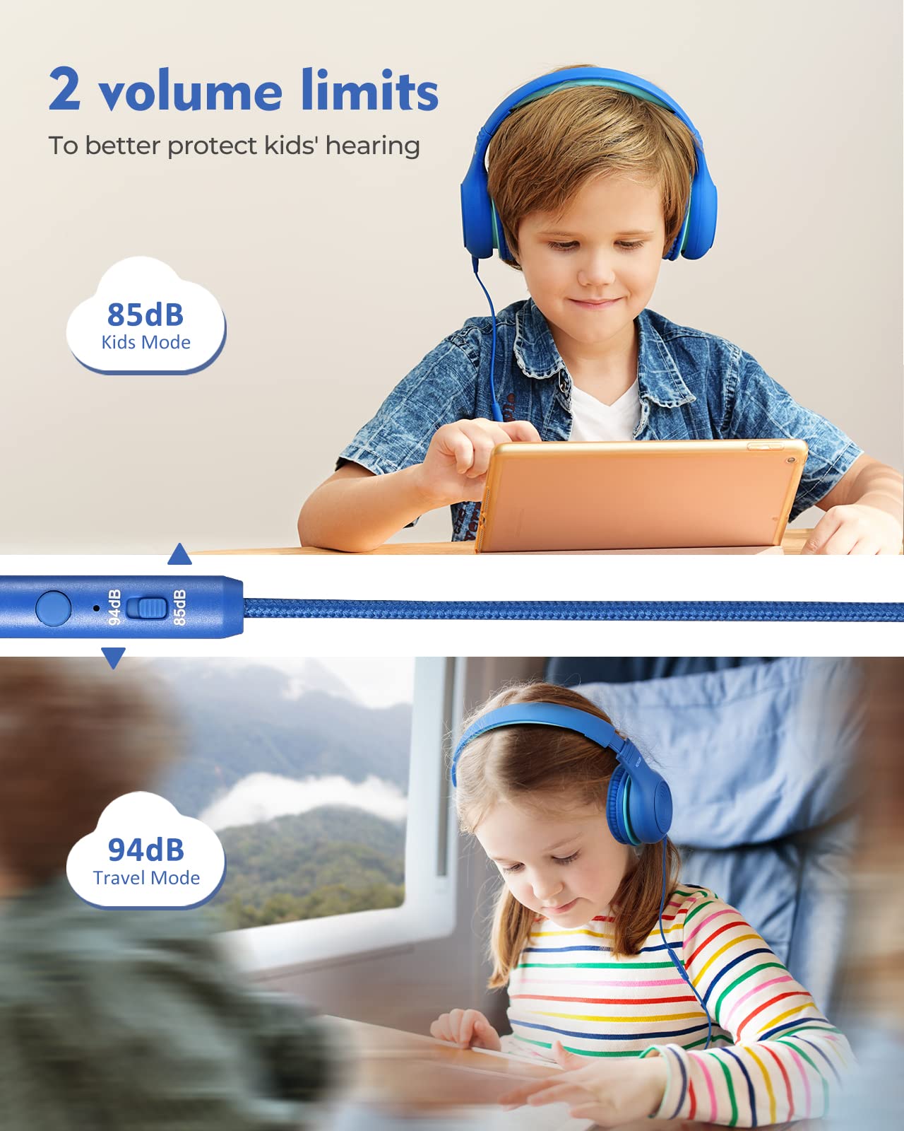Kids Headphones with Microphone, KLYLOP Wired Headphone Over-Ear for Kids for School, 85/94dB Volume Limiter, Girls Boys Headphones for Kid with Share Function, Foldable Headset for iPad Kindle Tablet