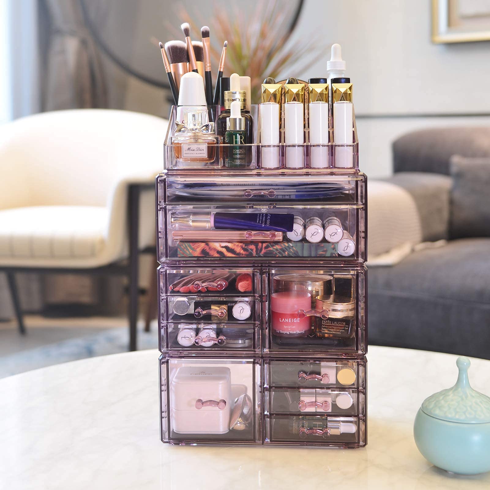 InnSweet Makeup Organizer Large Cosmetic Storage Drawers and Jewelry Display Box for Vanity, Makeup Holder with 10 Drawers, Purple