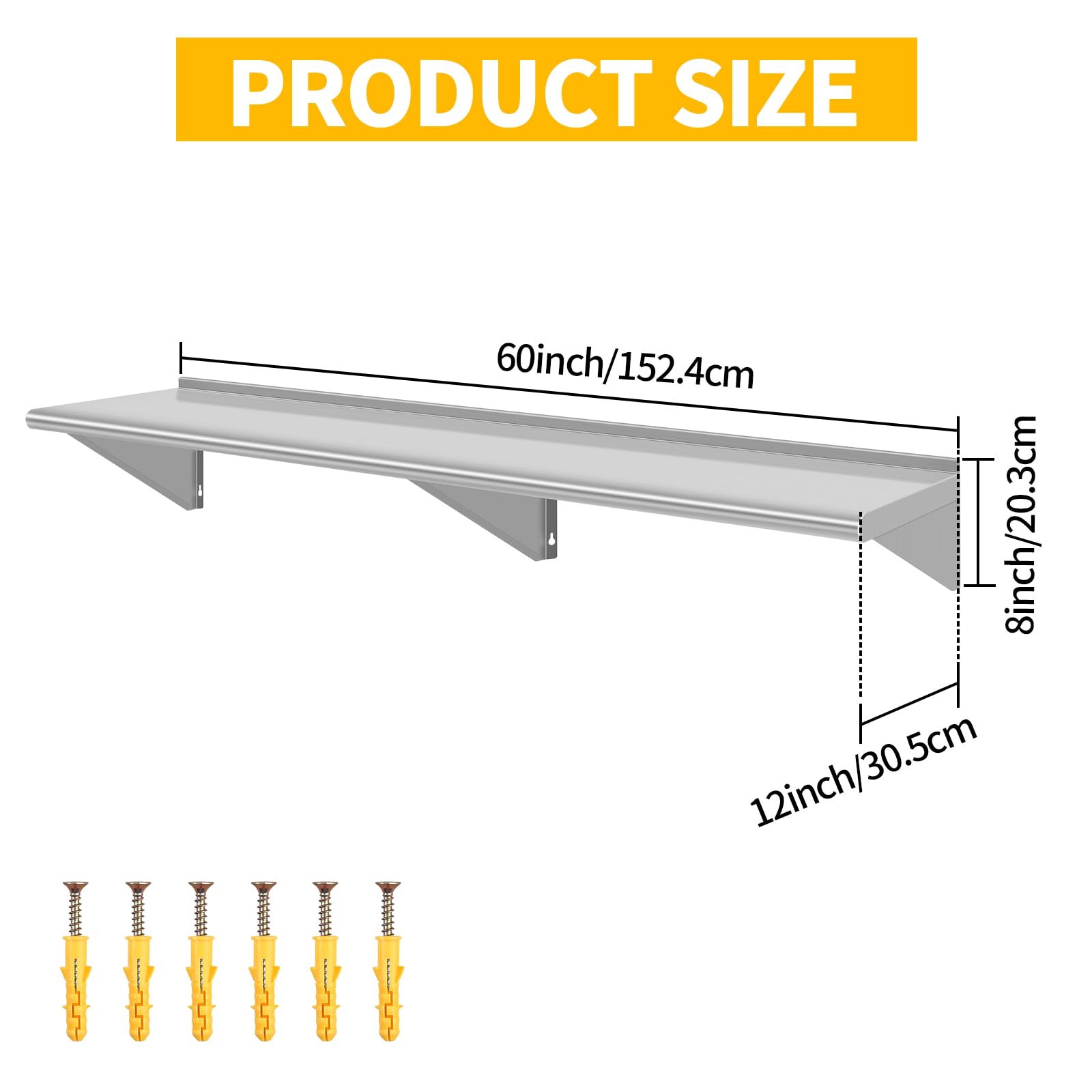 RAILEN Stainless Steel Wall Mounted Shelves, Floating Shelving with Brackets, Commercial Shelf Perfect for Restaurant Kitchen Bar Home and Hotel (12" D x 48" W)