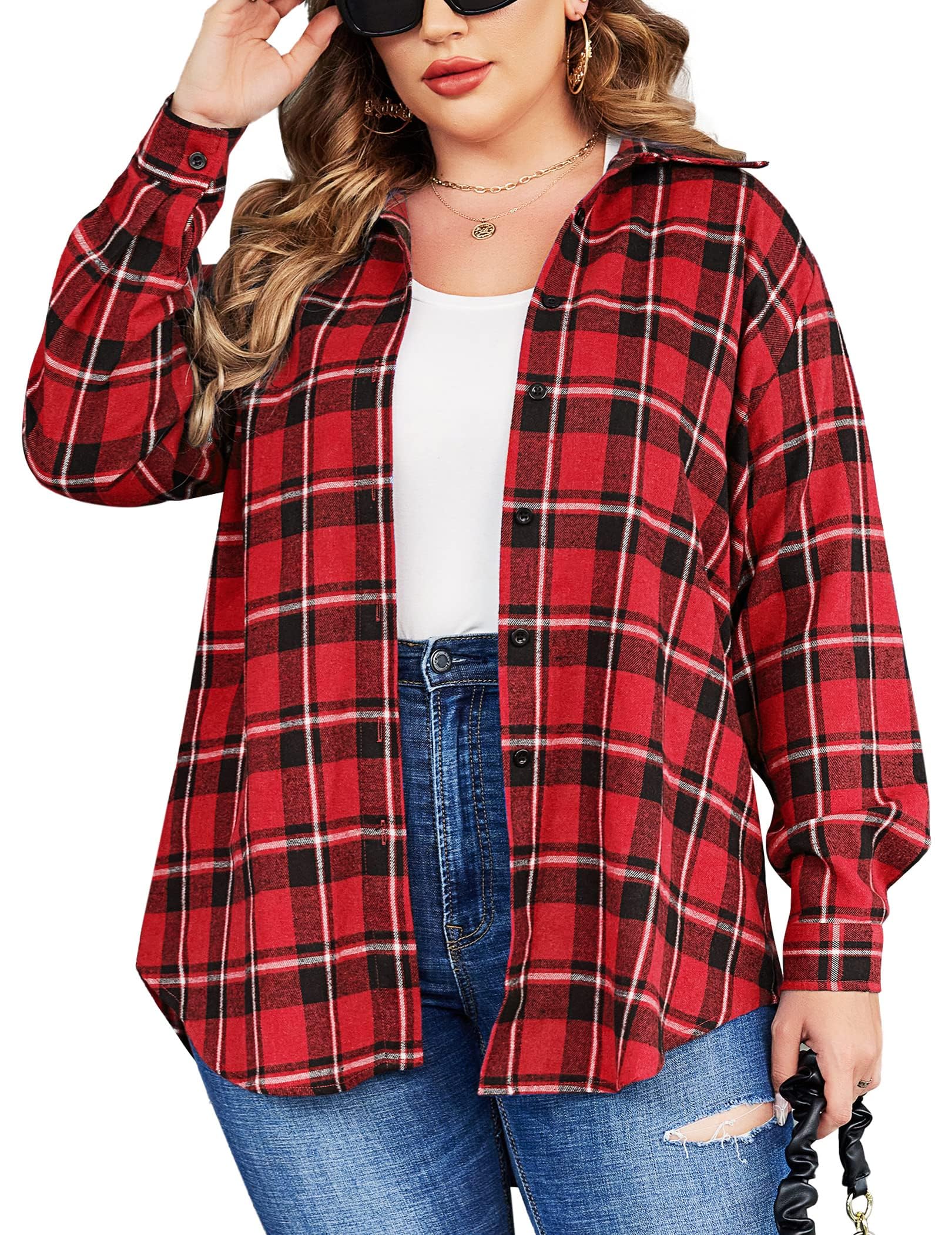 IN'VOLAN Womens Plus Size Flannel Plaid Shirt Roll Up Long Sleeve Mid-Long Button Down Shirts Casual Boyfriend Tops(24 Plus)