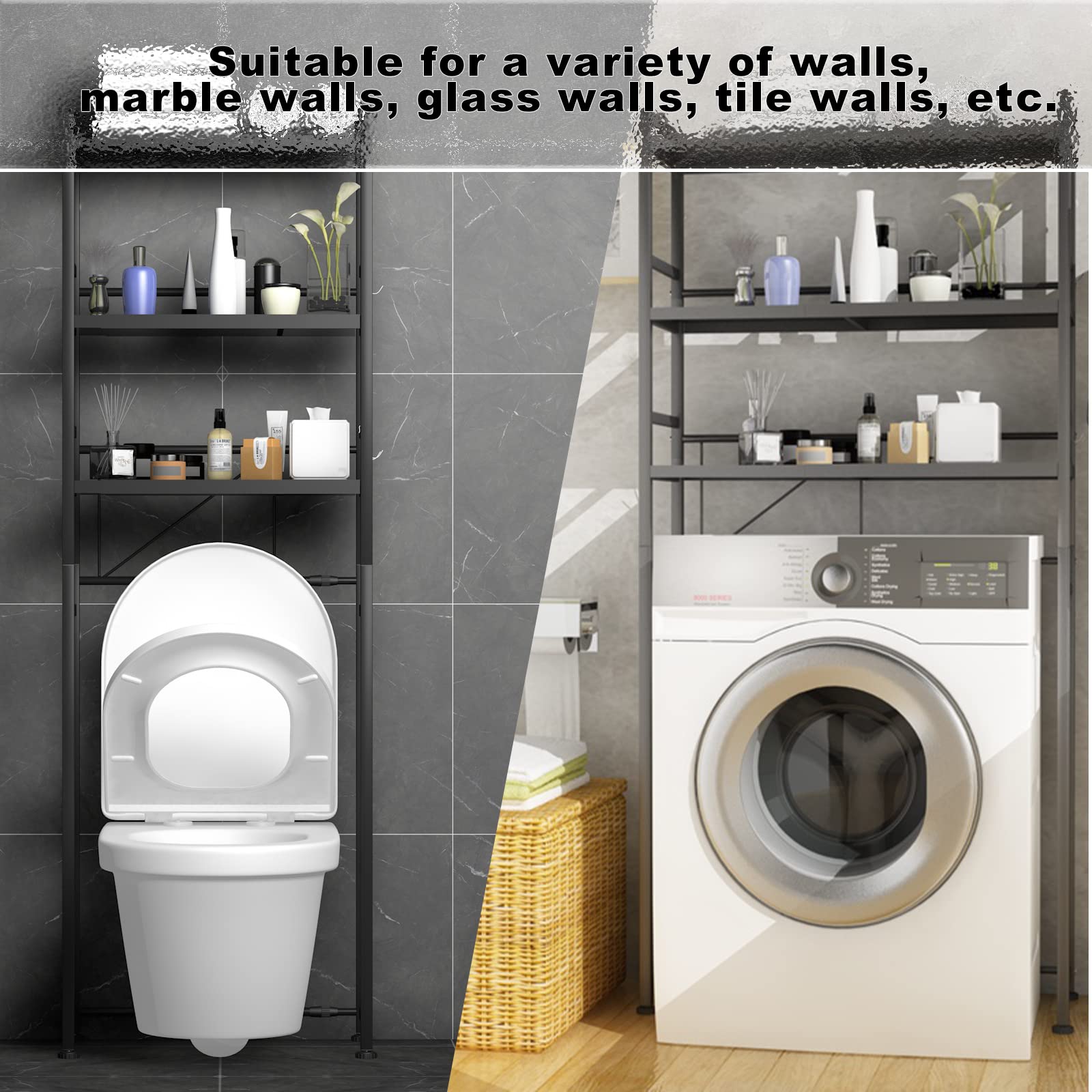 hanvate Over The Toilet Storage Cabinet with 3-Tier Adjustable Shelf, Carbon Steel Over Toilet Bathroom Organizer Rack with 3 Hooks, Space-Saving for Bathroom/Restroom/Laundry
