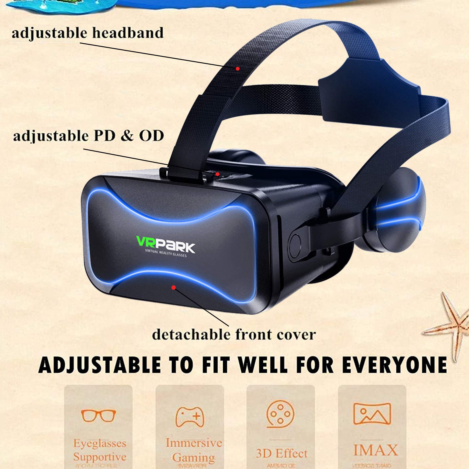 Hzemci 3D Virtual Reality Headset - Headset VR Headset With Remote Control, Portable Adjustable Virtual Reality Headset, 360° Field Of View, Enclosed HiFi Stereo, Used For VR Games And 3D Movies