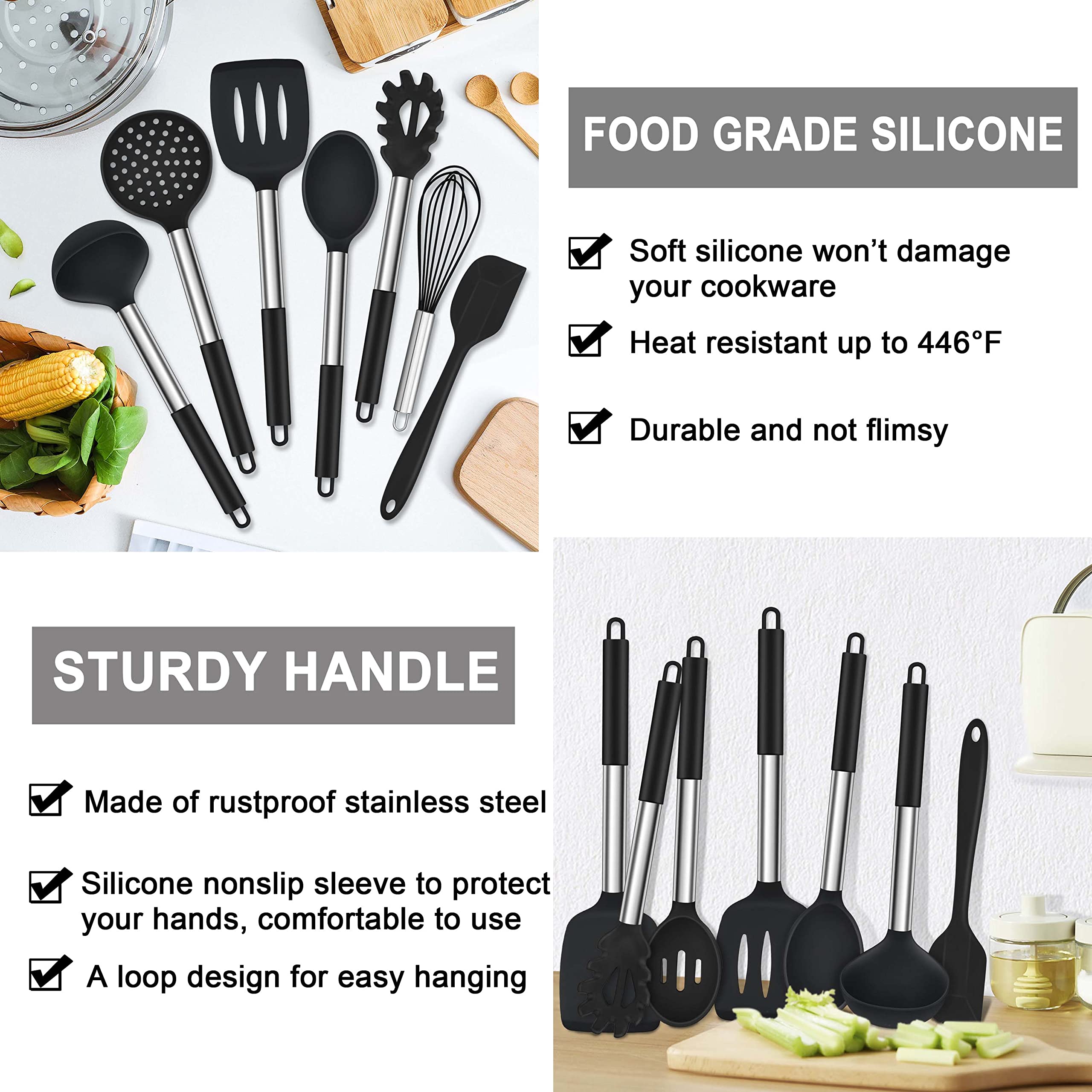 Homikit 15 Pieces Kitchen Cooking Utensils Set with Holder, Gray Silicone Utensil Sets Stainless Steel Handle, Nonstick Kitchen Tools with Spatulas Spoons Turner Tong for Cookware, Heat Resistant