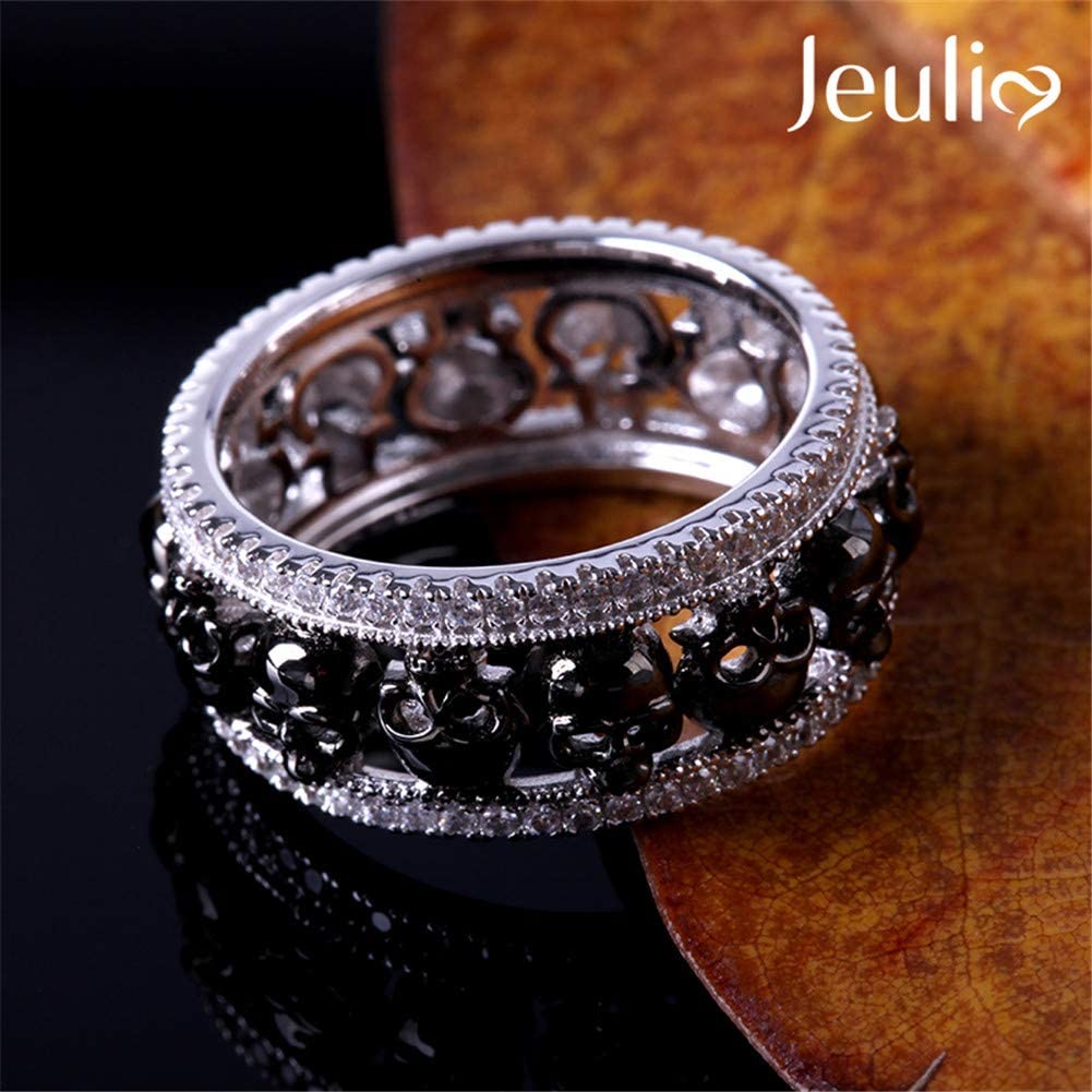 Jeulia Black Skull Rings for Women Mens Sterling Silver Biker Band Style Rings Two Tone Plated Stackable Wedding Bands White Diamond Bridal Set Engagement Anniversary Promise rings for Her (7.5)