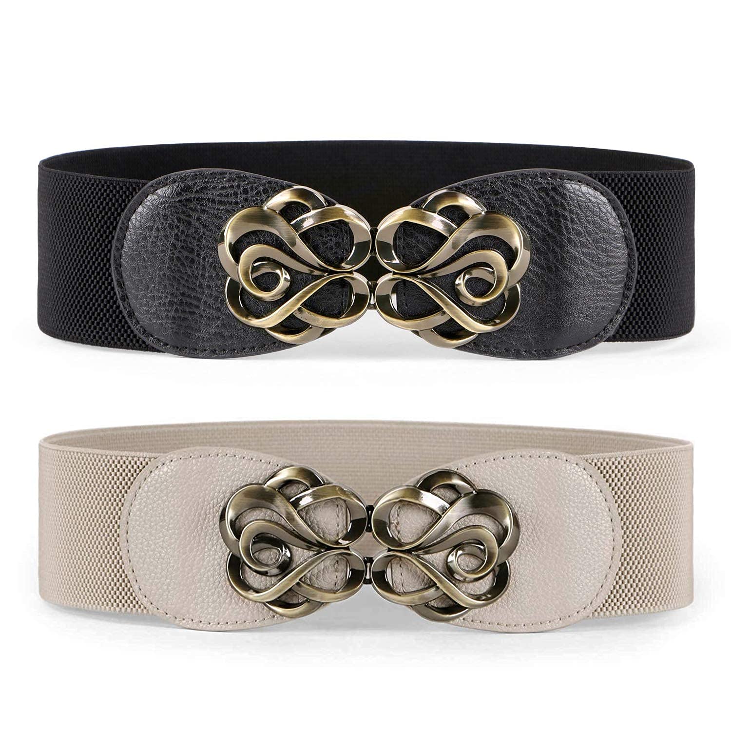 JASGOOD 2 Pack Women Stretchy Belts for Dresses Vintage Elastic Wide Waist Belts, Fit Waist Size 28-35 Inches, D-Black+Beige