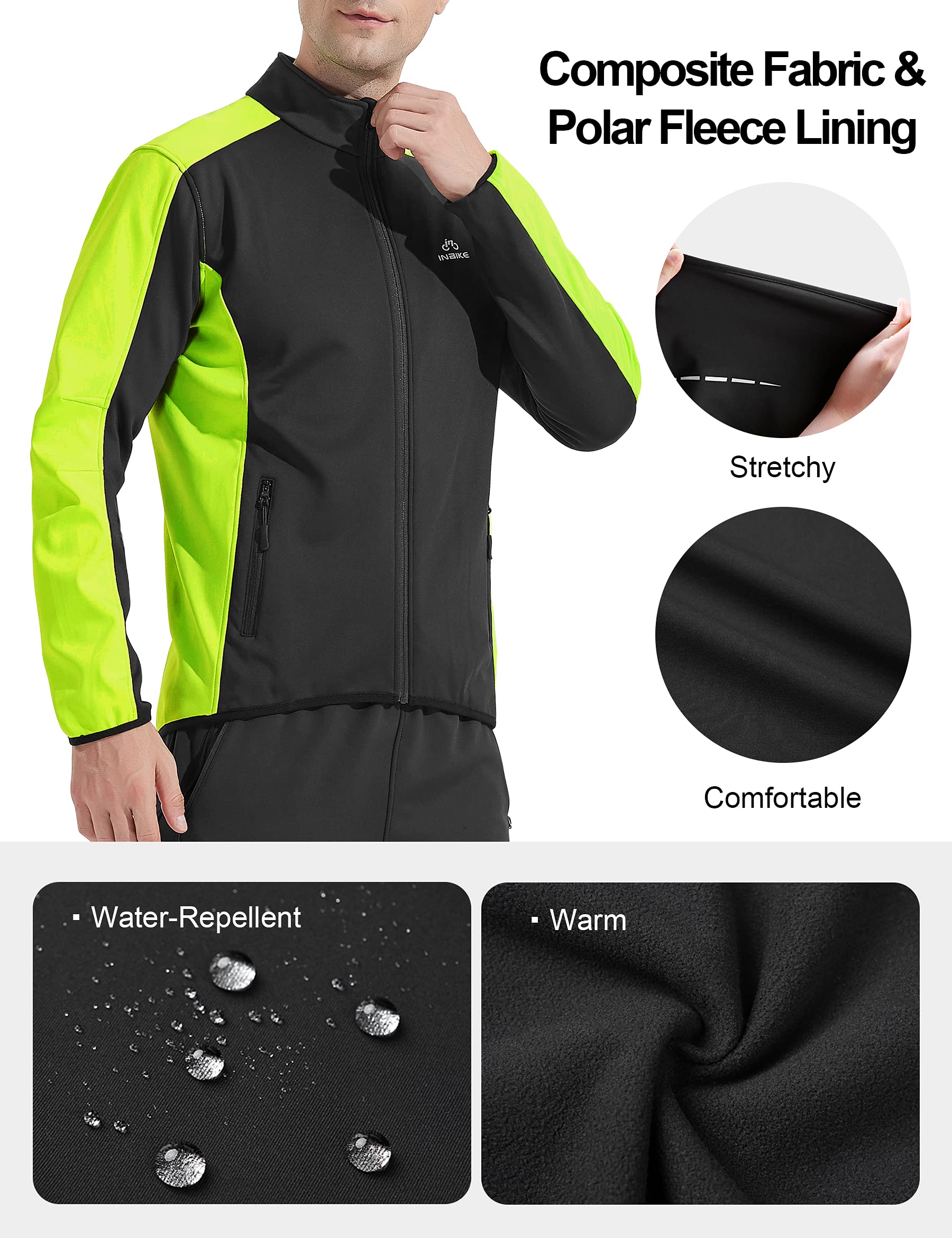 INBIKE Cycling Jacket for Men Running Biking Jackets Mens Windbreaker Reflective Windproof Fleece Lined Cold Weather Black Green Large
