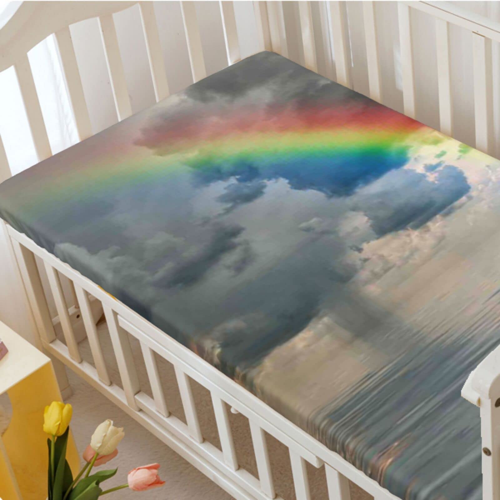 Rainbow Themed Fitted Crib Sheet,Standard Crib Mattress Fitted Sheet Toddler Bed Mattress Sheets-Baby Sheet for Boys Girls,28β x52β,Pale Grey Multicolor