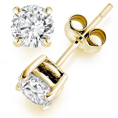 Houston Diamond District 1 Carat Solitaire Diamond Stud Earrings 18K Yellow Gold Round Brilliant Shape 4 Prong Push Back (L-M Color, I1-I2 Clarity)