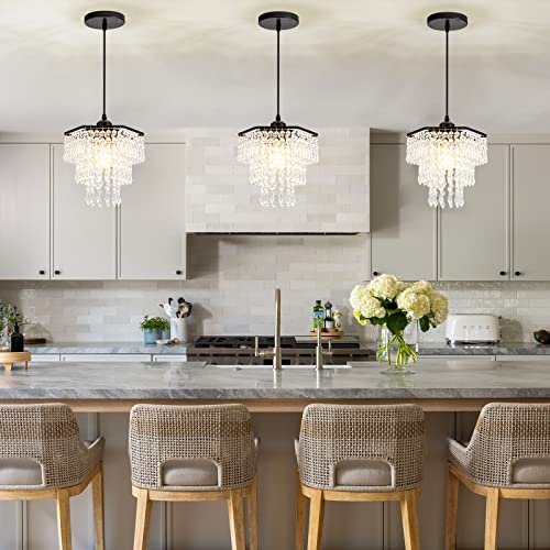 HongnuoFc 3-Tier Crystal Chandeliers Modern Mini Flush Mount Ceiling Light Fixture Hexagon Small Crystal Chandelier for Dining Room Kitchen Closet Hallway (Black, E26)