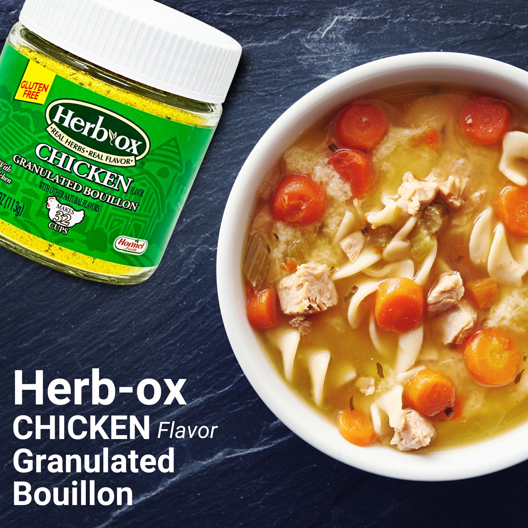 Herb Ox Chicken Bouillon Powder Bundle with - (2) 4oz Jars of Herbox Gluten Free Chicken Bouillon Granules and (1) One Wyked Yummy All in One Measuring Spoon
