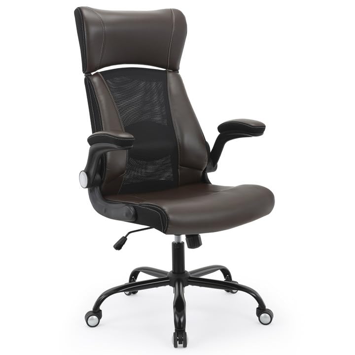 HOME OFFICE CHAIR, Ergonomic Desk Chair with Flip-Up Arm, Office Mesh Chair Leather Computer Chair High Back with Lumbar Support Executive Height Adjustable Rolling Swivel Task
