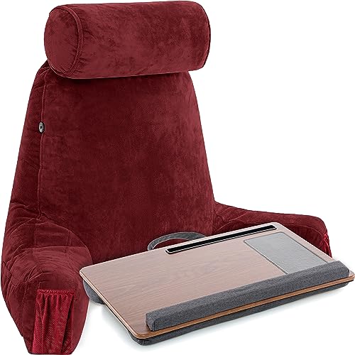 Husband Pillow Combo - Backrest Pillow with Arms : Medium Maroon & Foldable Laptop Tray : Brown - Memory Foam Reading Pillows for Bed w/Removable Neck Roll & Laptop Bed Tray Table