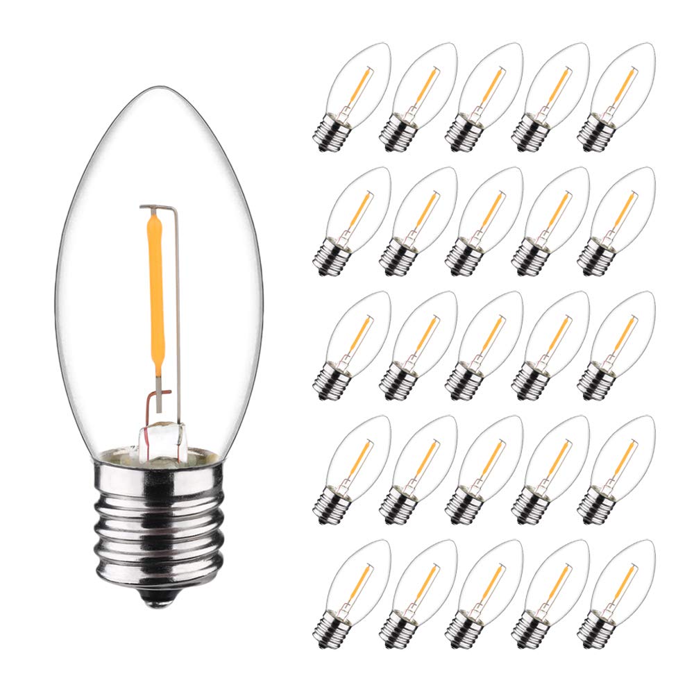 iSoptox 25 Pack Waterproof Clear E12 C7 LED Bulb Outdoor, Candle Mini LED Night Light Bulb 4w 5w 6w 7w 15w Equivalent, Candelabra C7 LED Replacement Bulbs Christmas Light 0.6W 120v Warm White 2700K