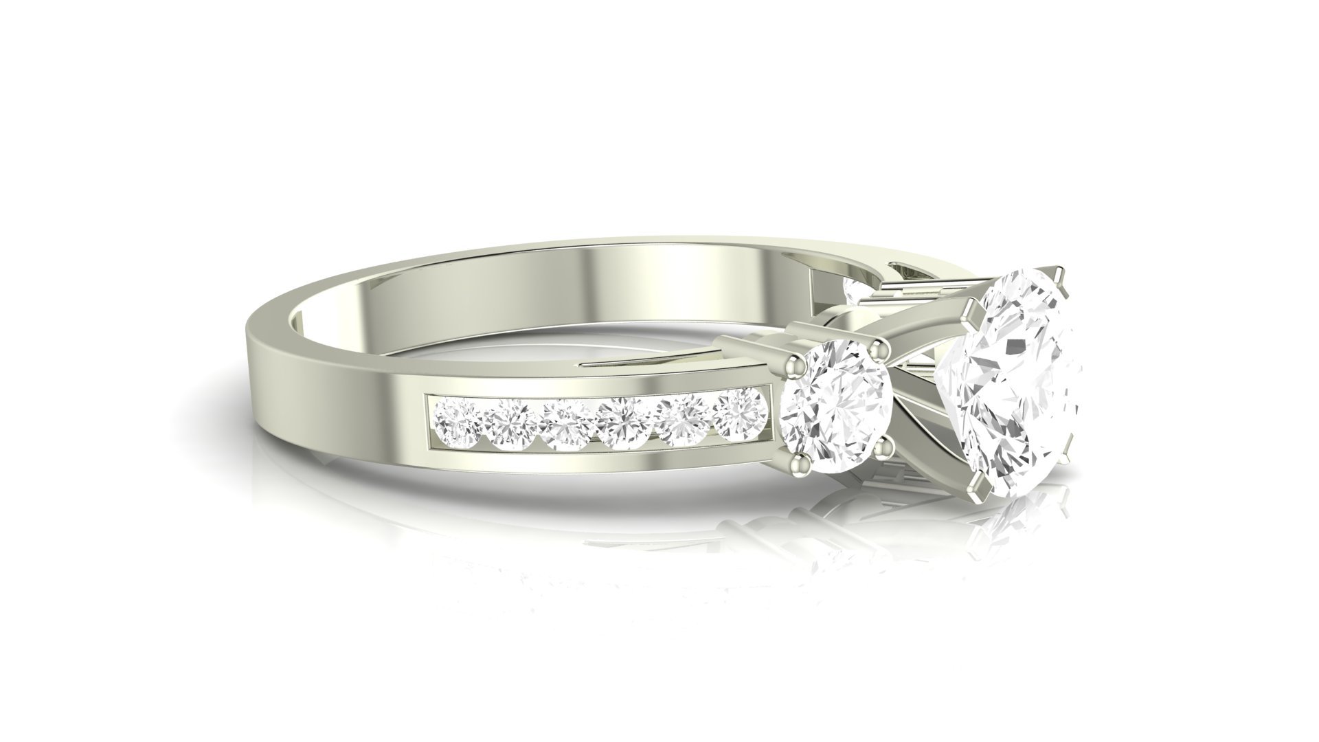 Houston Diamond District 1.1 Carat GIA Certified Round Cut 14K White Gold Channel Set 3 Three Stone Engagement Ring with a.5 Ct D-E VS1-VS2 Center