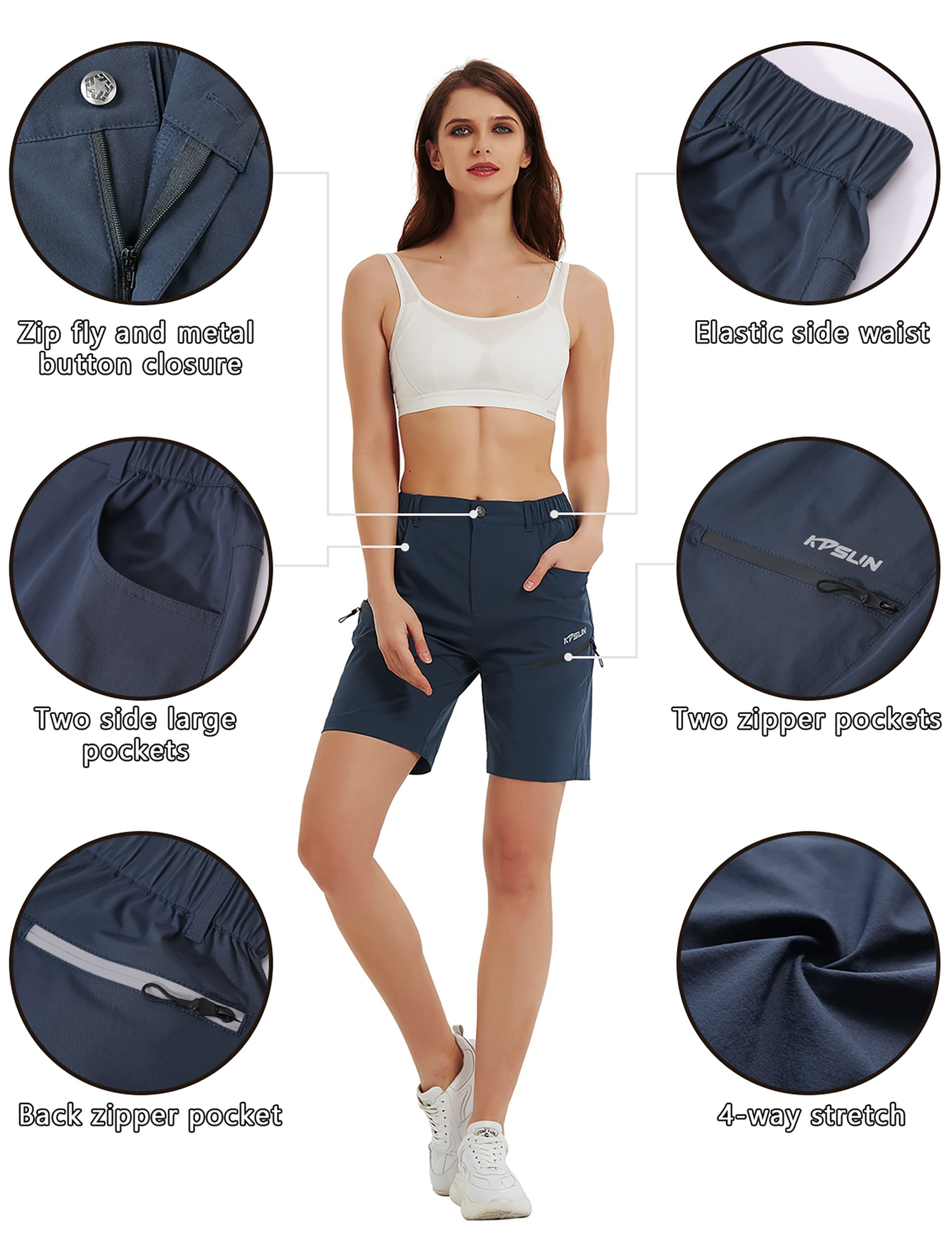 KPSUN Womens Quick Dry Bermuda Hiking Shorts Stretch Active Golf Cargo Shorts Water Resistant Zipped Pockets,Navy,L