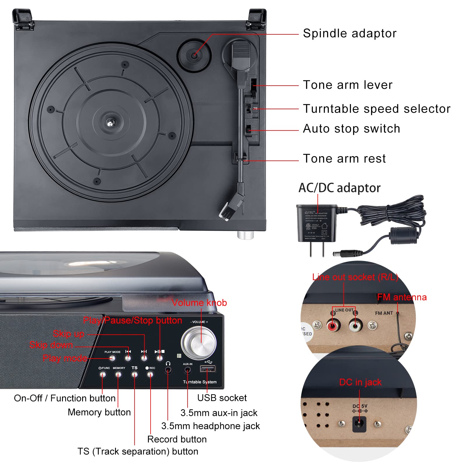 HONGUT Record Player, 3 Speed Turntable Vinyl Record Player with Bluetooth Speaker, MP3 Player Portable LP Vinyl Player with FM Stereo Radio, Vinyl to MP3 Recording Phonograph Player, Black