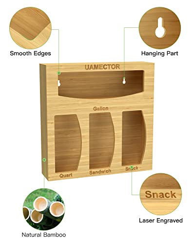 Uamector Bamboo Ziplock Bag Organizer for Drawer, Food Bags Dispenser Plastic Bags Holder for Kitchen, Hanging Baggie Container for Gallon Quart Sandwich or Snack Bag Trash Bags