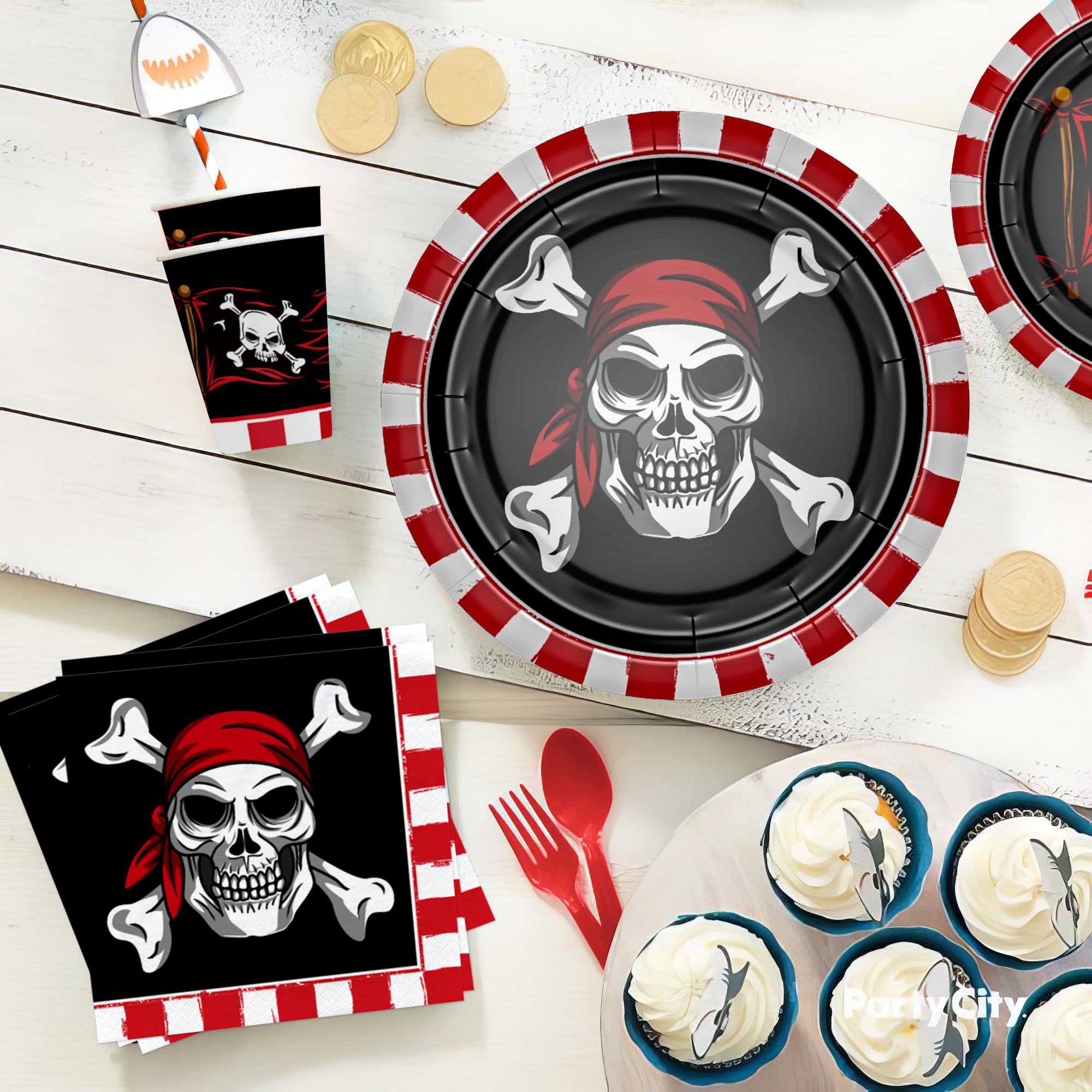 HIPVVILD Skull Pirate Birthday Party Supplies - Pirate Party Decorations Tableware, Plate, Cup, Napkin, Skull Theme Pirate Crossbone Plates And Napkins Party Decorations Dinnerware | Serve 24
