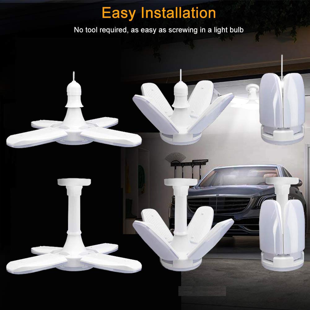 HZMENG LED Garage Lights 4 Pack, Tribright Garage Ceiling Lighting 6000LM, 60W E26 / E27 Daylight Lamp with 4 Adjustable Panels for Garage, Workshop, Warehouse, Workbench, Barn, Shop, Basement