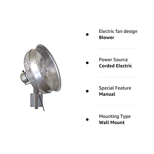Hydromist Oscillating Wall Mounted Outdoor-Rated Fan, 3-Speed Cord Control, Hard Resin Fan Blade with Mounting Bracket and Black Cover, 18โ, Metallic Silver