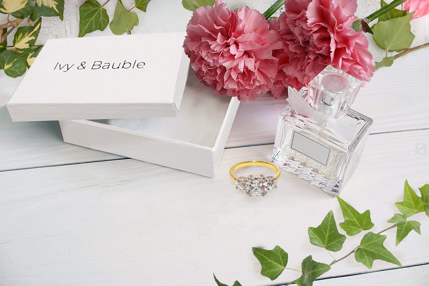 IVY & BAUBLE 3 Stone Cushion Cut Simulated Diamond Engagement Rings for Women in 18K Yellow Gold Plating, Size 5