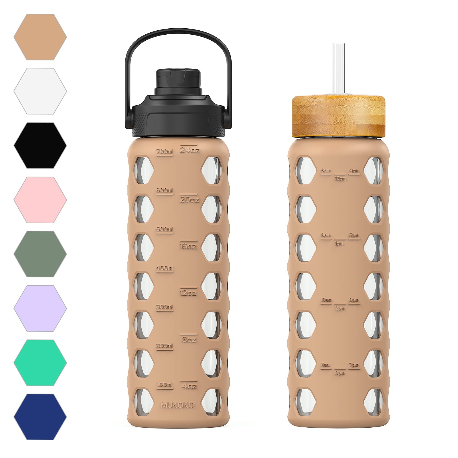 MUKOKO 32oz Glass Water Bottles with 2 Lids-Handle Spout Lid&Bamboo Straw Lid, Motivational Water Tumbler with Time Marker Reminder and Silicone Sleeve, Leakproof-Amber-1 Pack