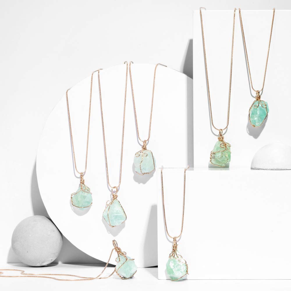 JUNHAN 3PCS Raw Irregular Crystal Pendant Necklace for Women Natural Tumbled Rock Quartz Wrapped Gold Wire Chakra Gemstone Jewelry with 2 Different Chains