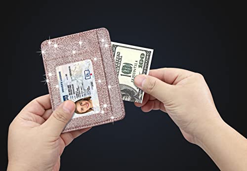 HOTCOOL Card Holder Wallet Front Pocket Minimalist Leather With RFID Blocking Wallet for Men & Women, Glitter Rose